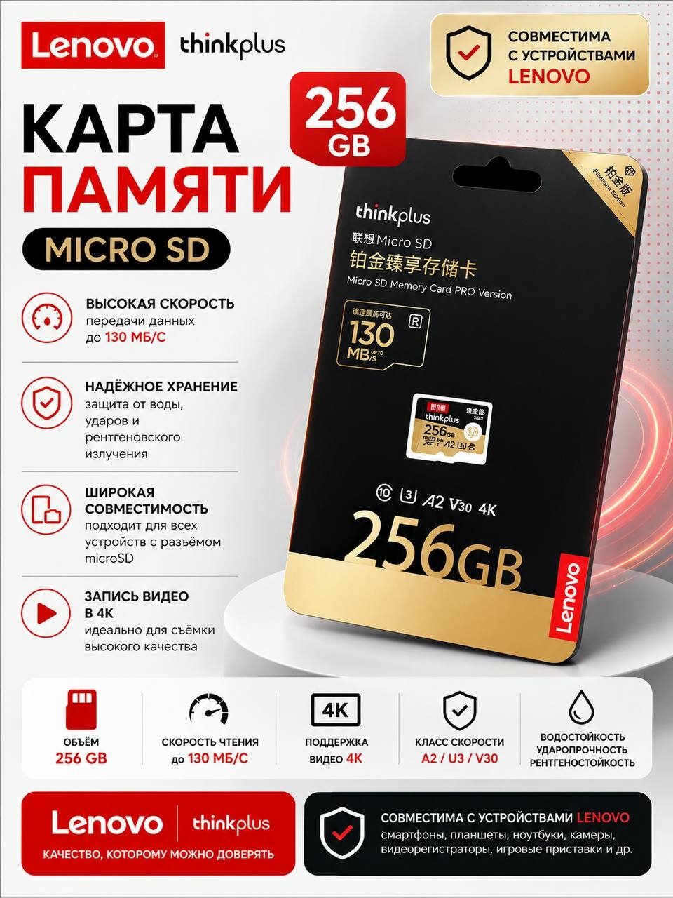Карта памяти Lenovo Think Plus Micro SD PRO 256 Gb / 130 Mb/s
