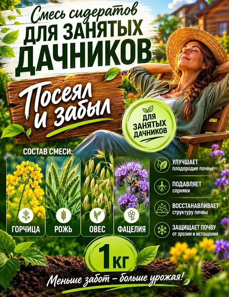 Сидераты, семена для огорода, смесь (Горчица, фацелия, овес, рожь), 1 кг