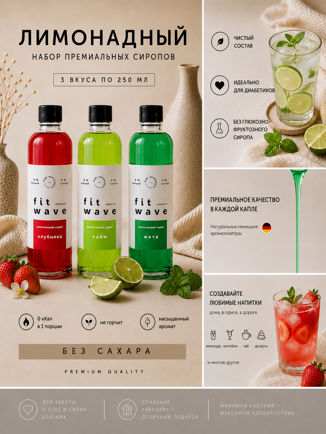Набор сиропов 3 вкуса по 250 мл FitWave Лимонадный без сахара диетических низкокалорийных для кофе, сахарозаменитель