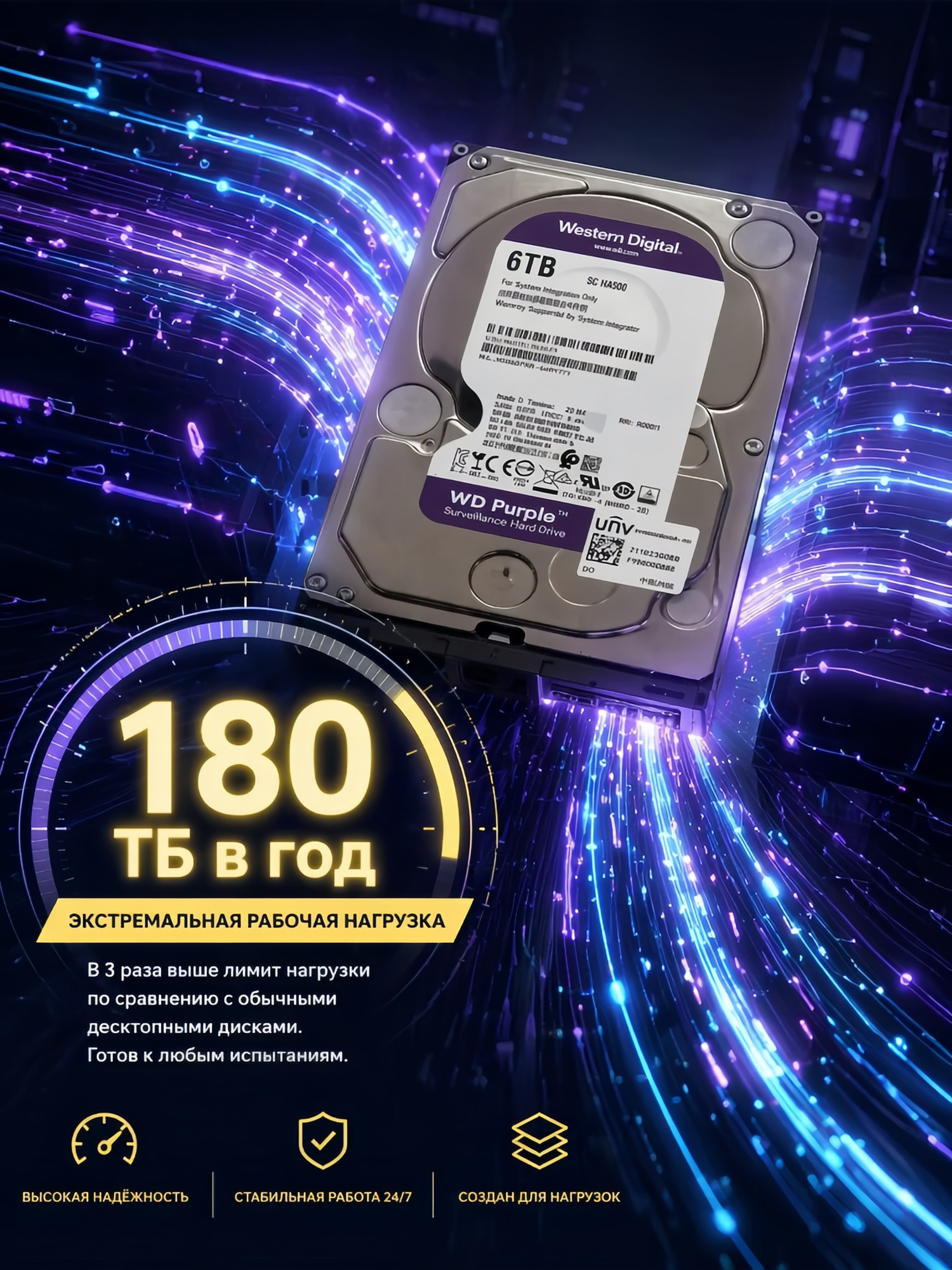 Жесткий диск WD Purple 6 ТБ 3,5" SATA HDD для видеорегистраторов, камер видеонаблюдения NVR