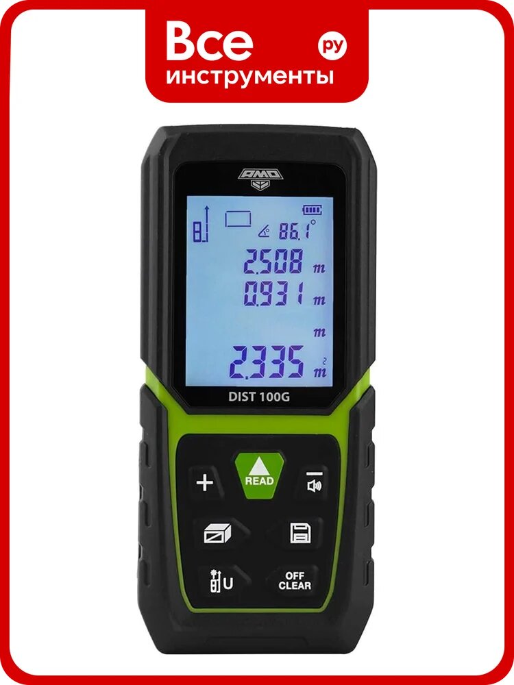 Лазерный дальномер AMO DIST 100G 857379, 100 м, красный, функция Пифагора, углы, защита IP54, встроенная память