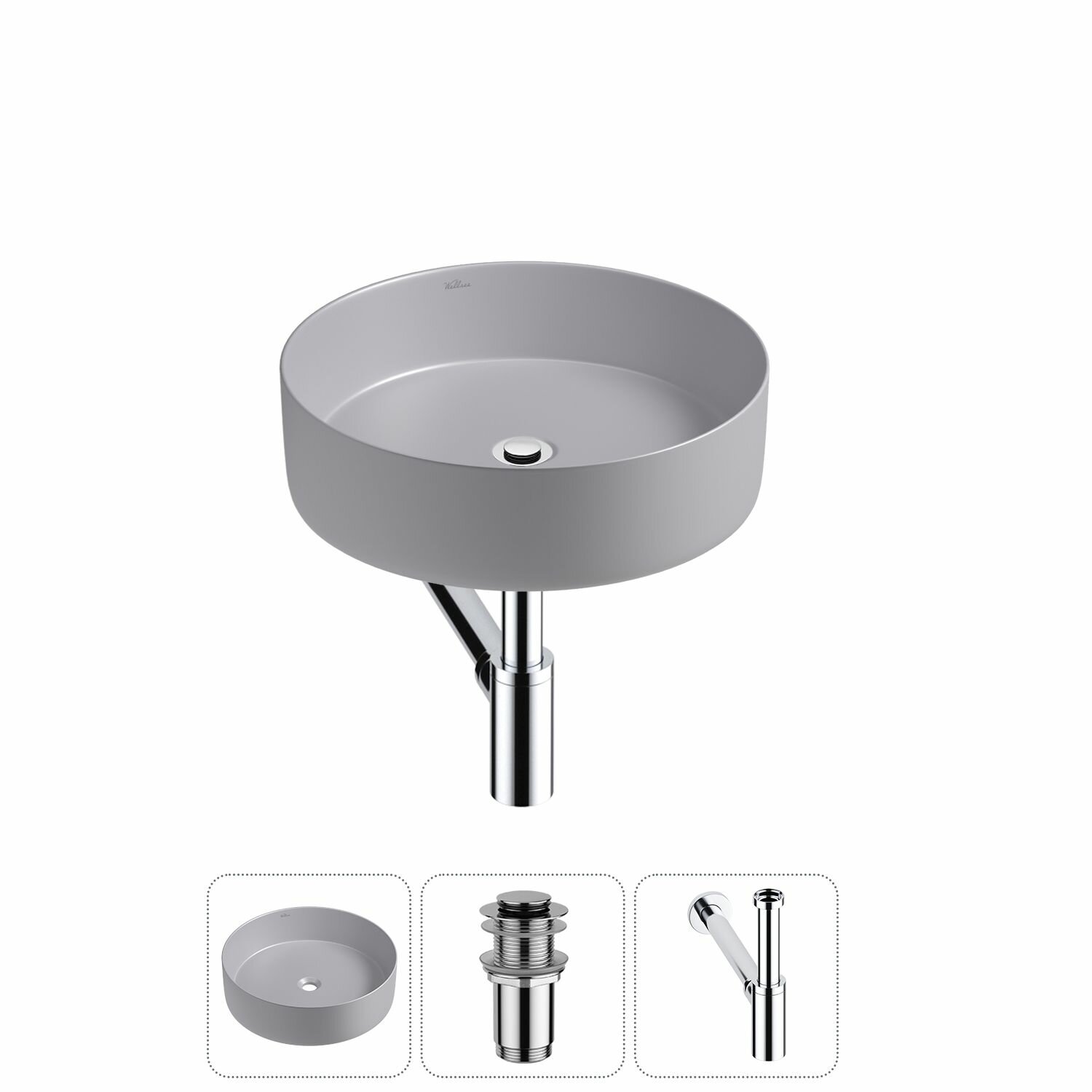 Маленькая раковина чаша для ванной Wellsee Coax 20213996R в наборе 3 в 1: накладная раковина 30 см (матовый серый), донный клапан, сифон (цвет набора хром)