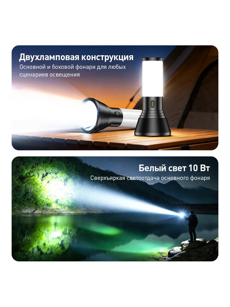 Philips Фонарь-прожектор, кемпинговый фонарь SFL1253, 10 Вт, белый свет, 5 режимов, встроенный аккумулятор — фото 1