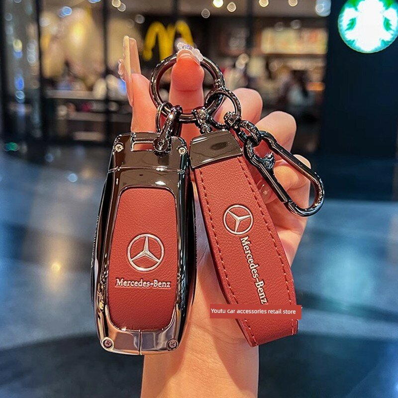 Чехол для брелока Mercedes-Benz GLB220 вулканический красный с натуральной застежкой-двойной для автомобильных