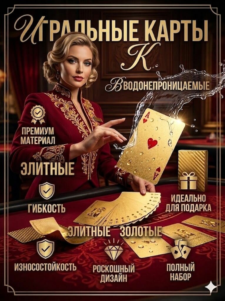 Пластиковые игральные карты для покера, премиум золотые, водонепроницаемые, колода 54 штуки (87х57 мм) покерные карты золотая колода 54 карты