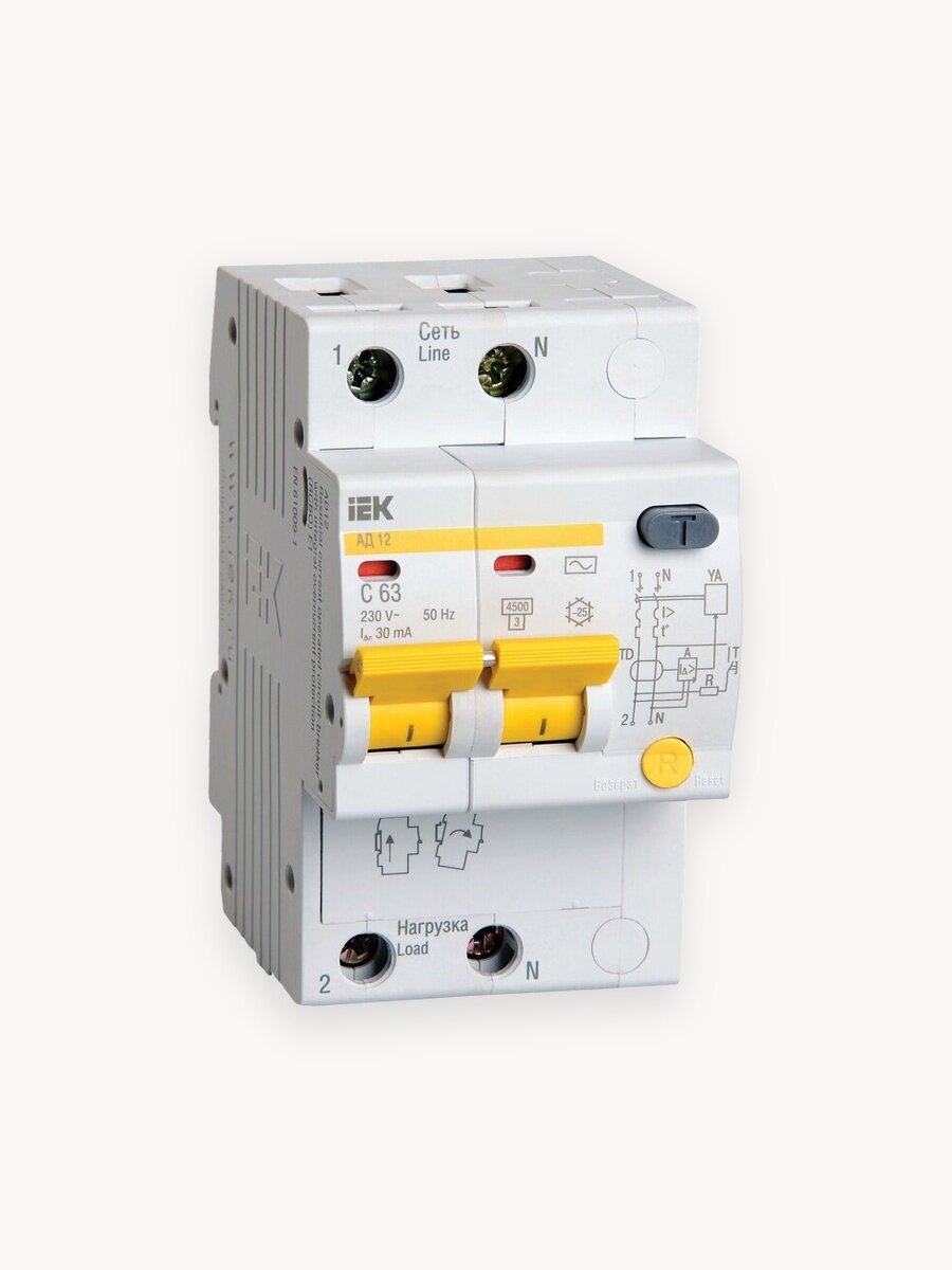 Дифференциальный автоматический выключатель IEK АД12 2Р 25А 30мА, 230В, C, AC, IP20, 4.5кА, 50Гц, 3 модуля