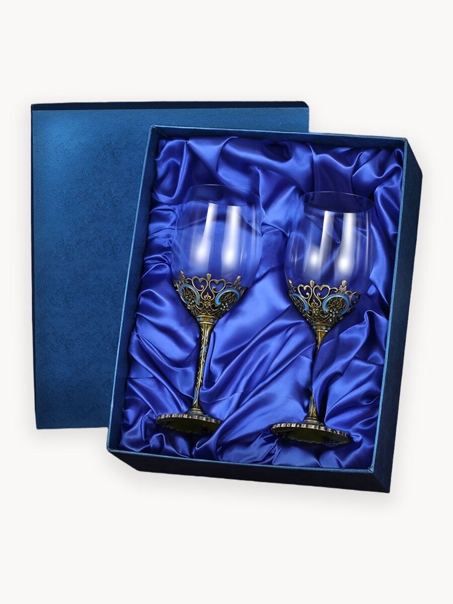 Свадебные хрустальные бокалы 2 штуки на длинной ножке, серебряные, с вензилями синие, 350 мл