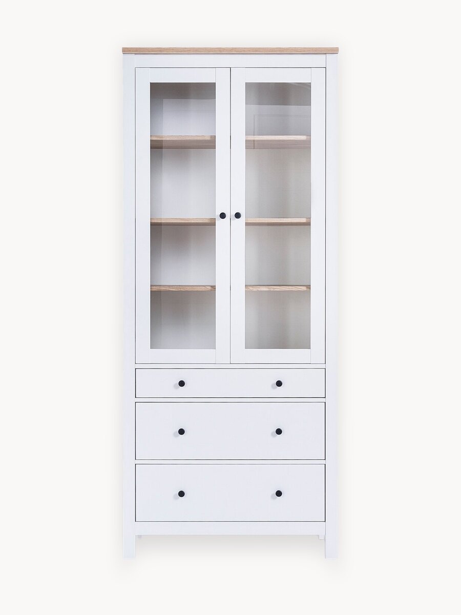Шкаф с витриной ГУД лакк Сага, 3 ящика, 90х41х216 см, шариковые направляющие с доводчиком, белый/ясень