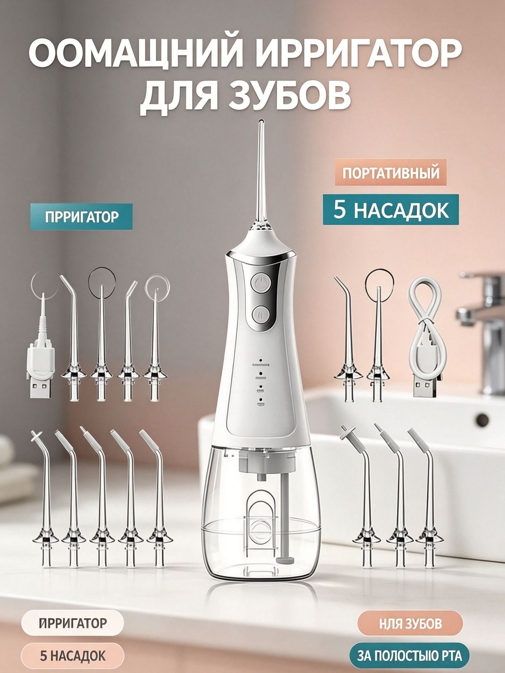 Ирригатор для полости рта портативный PECHAM Trip PC-117-1 белый, для отбеливания зубов дорожный и компактный