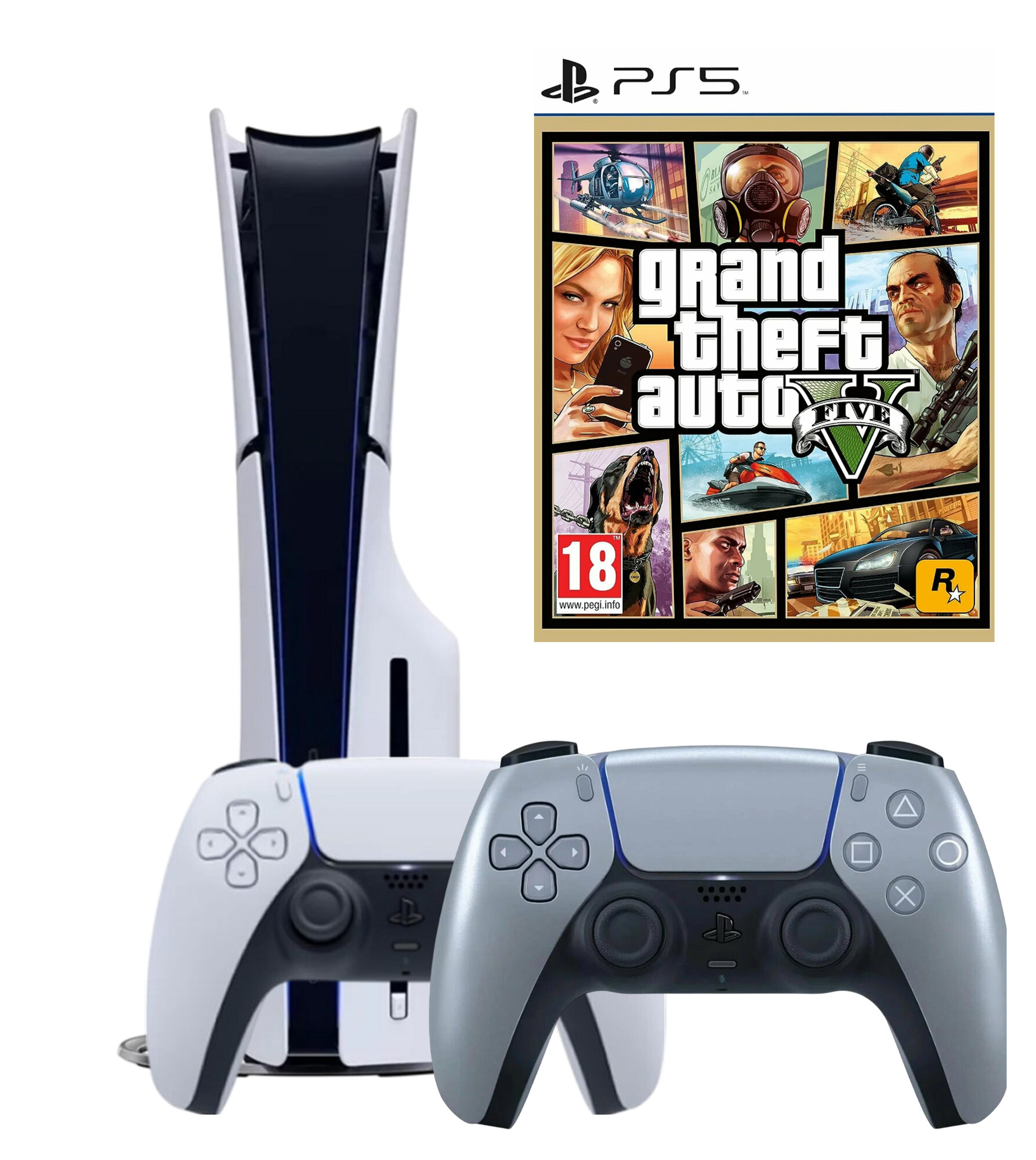 Игровая приставка PlayStation 5 Slim + 2й геймпад серебристый + игра GTA5