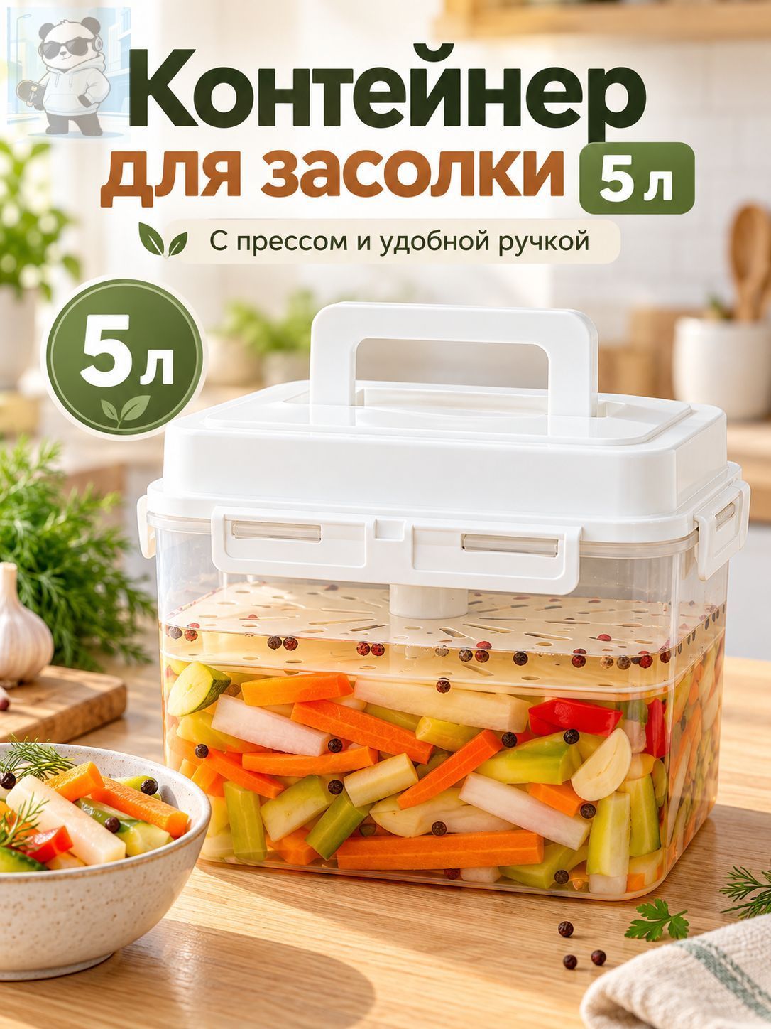Контейнер для засолки овощей 5 л с прессом, герметичной крышкой и ручкой, пищевой пластик