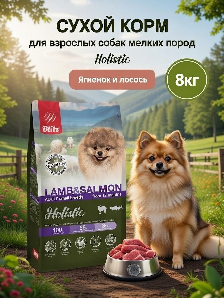 Сухой корм с ягненком и лососем Blitz Holistic Lamb & Salmon для взрослых собак мелких пород 8 кг