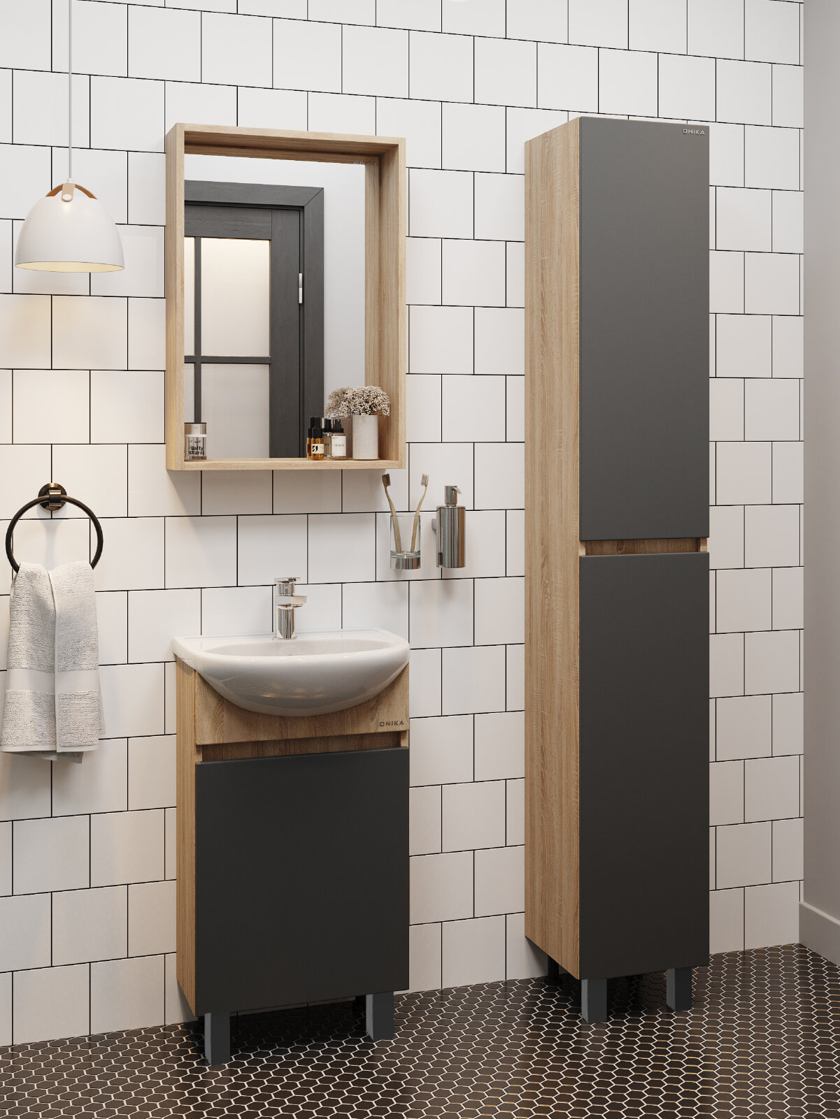 Пенал для ванной комнаты Onika Милтон 30 напольный, серый/дуб сонома, универсальный / 30x33x190 см