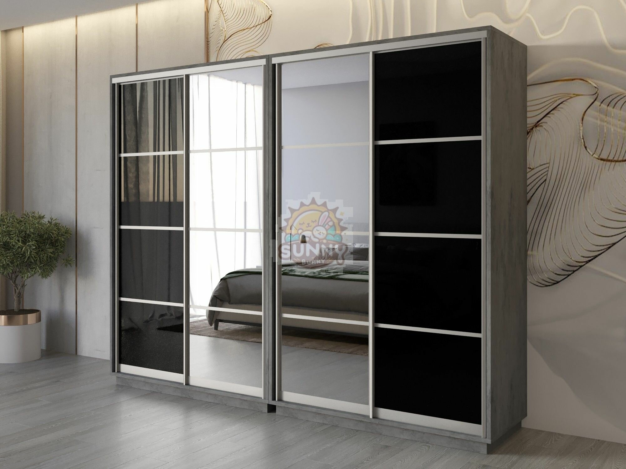 Шкаф-купе Флорида 4дв. (2+2) Стекло черное 2/Зеркало 2, профиль серебро, 280х60х220 см. Бетон