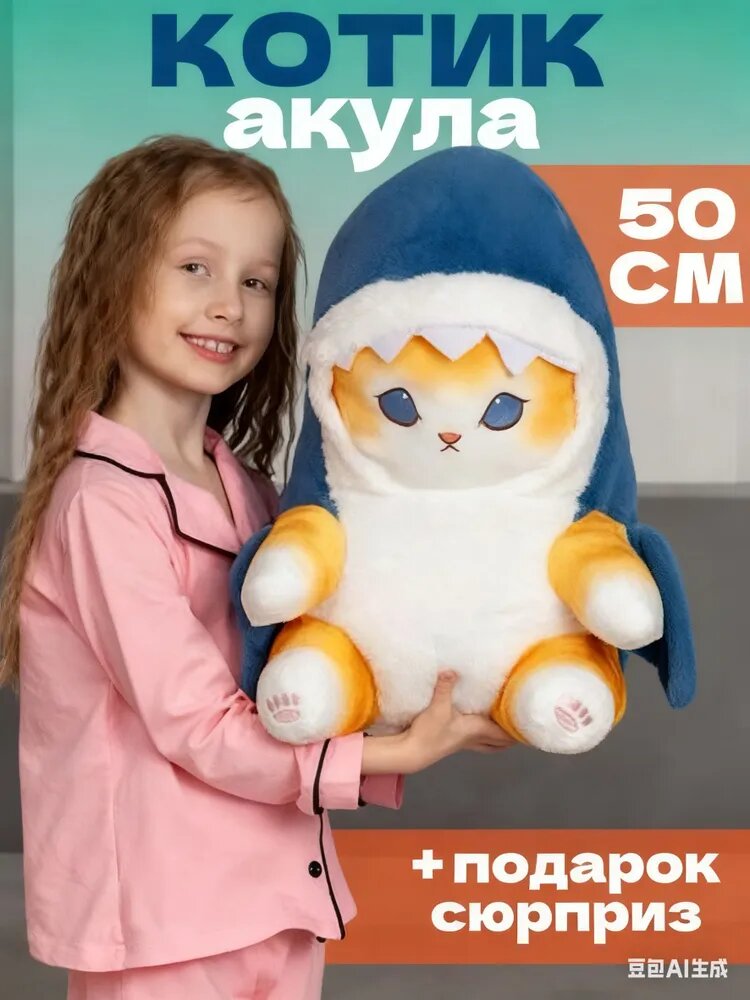 Мягкая игрушка Кот акула, плюшевая антистресс, котик, 50 см, желтый/синий