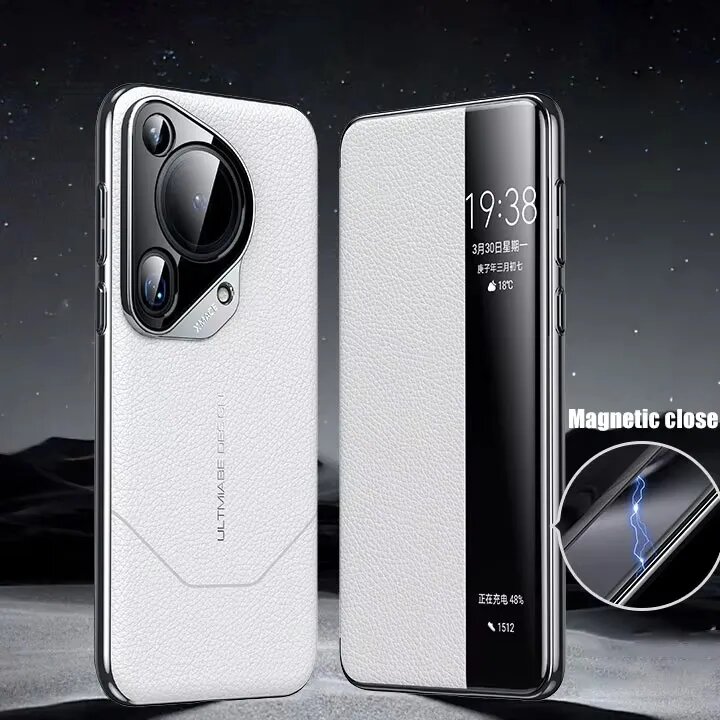 Откидной чехол из натуральной кожи для HUAWEI Pura 70 Pro Ultra Белый, White, Huawei Pura 70 Pro