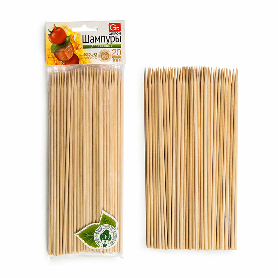 Шампуры деревянные 200 мм, комплект 100 шт, береза, GRIFON, 400-101, 701384