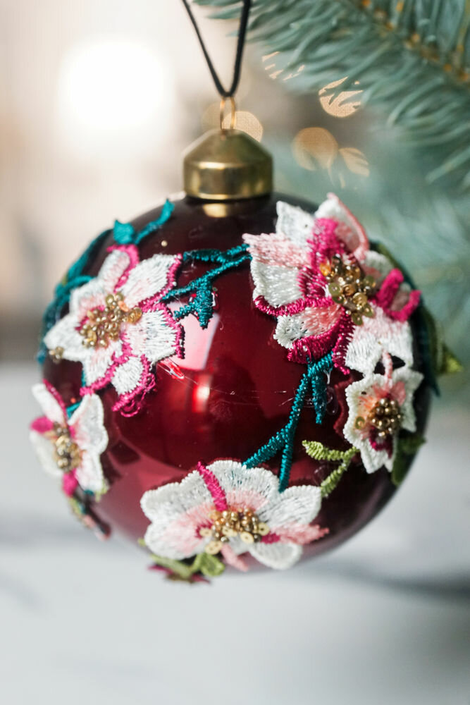 Ёлочный шар цветочное чудо, бордовый, стекло, 10 см, Kaemingk 069900-2