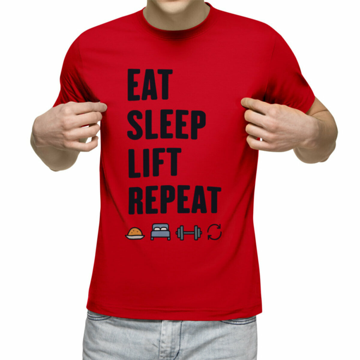 Мужская футболка «Eat Sleep Lift Repeat фитнес и бодибилдинг» (красный, M)