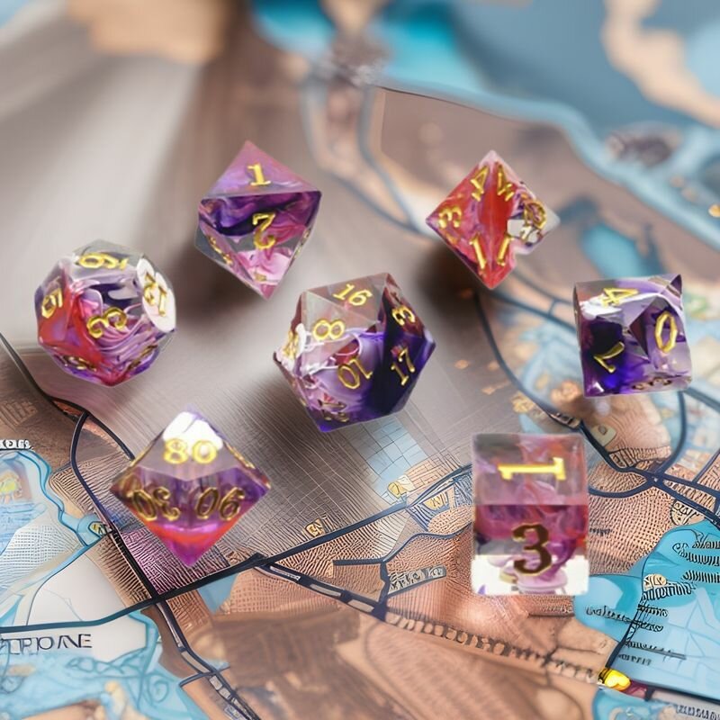Кубики днд из смолы Дайсы для DnD с острыми краями Кости игральные для Dungeons & Dragons Набор 7 шт, фиолетовые с медными цифрами