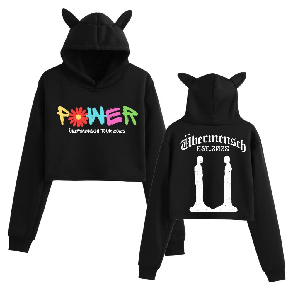 Черная укороченная толстовка G-Dragon POWER Tour 2025 с ушками, XL