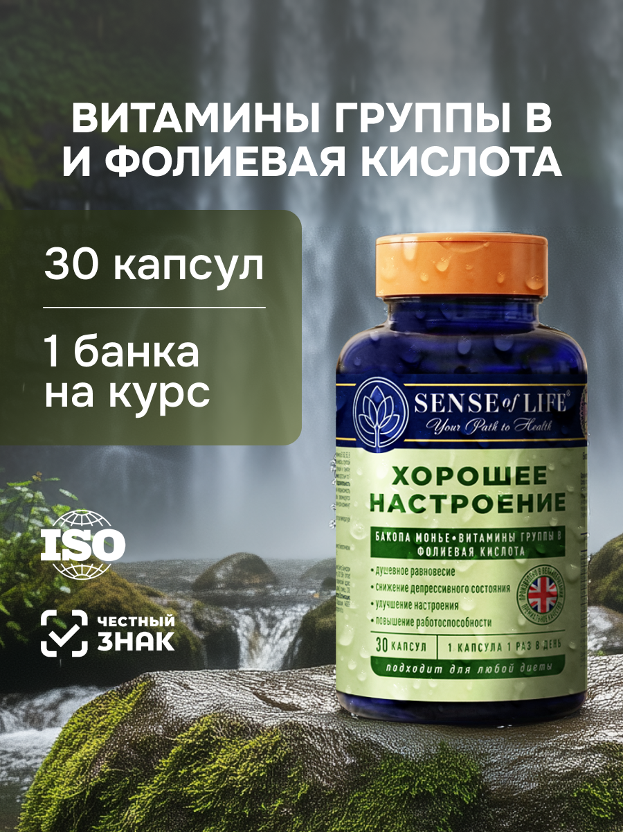 Витамины от стресса SENSE OF LIFE "Хорошее настроение", для тонуса и укрепления организма, 30 капсул