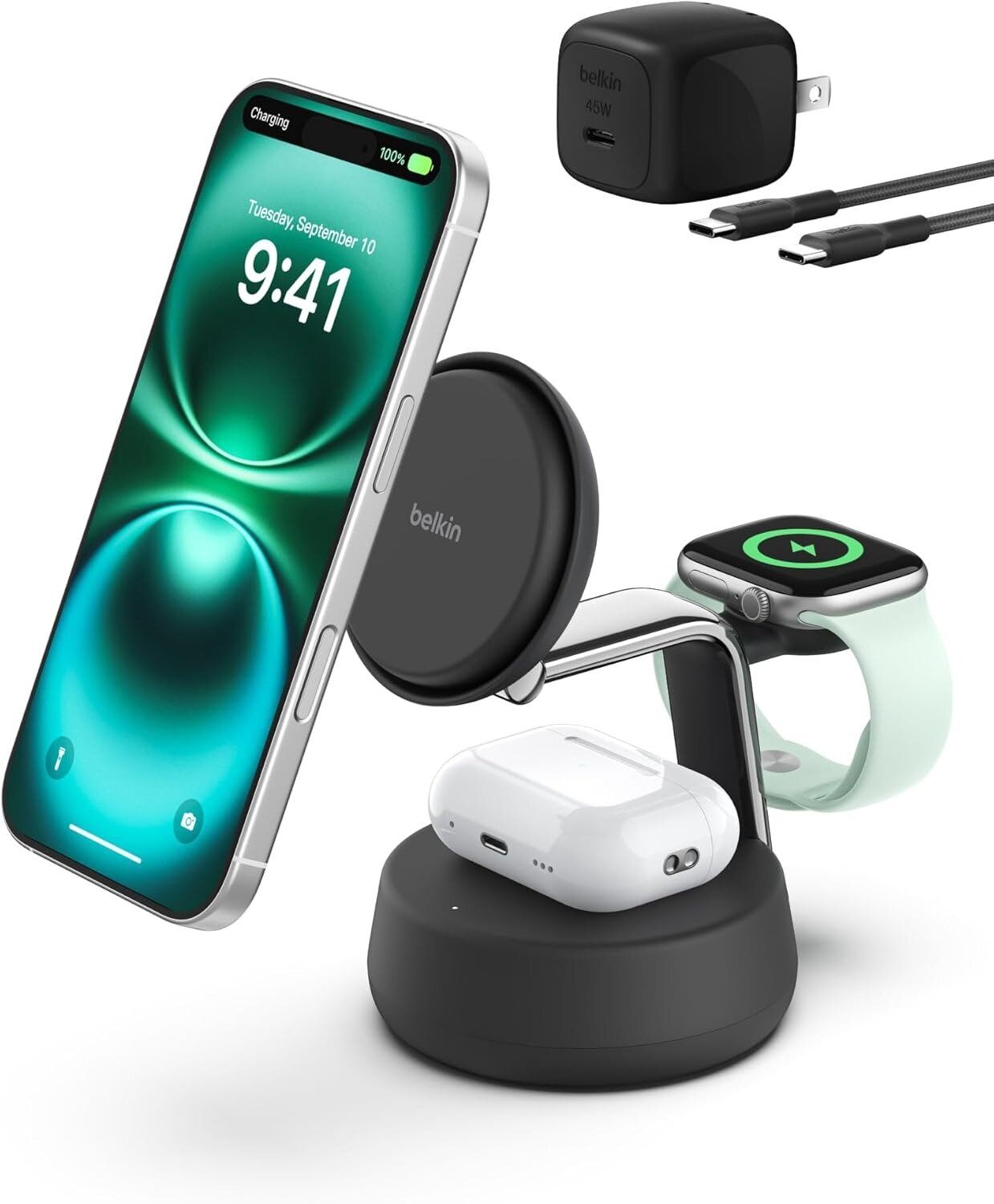 Магнитная зарядка Belkin UltraCharge Pro (WIZ040ttCH), 3 в 1, с адаптером, Qi2.2, вентилятор охлаждения, черная