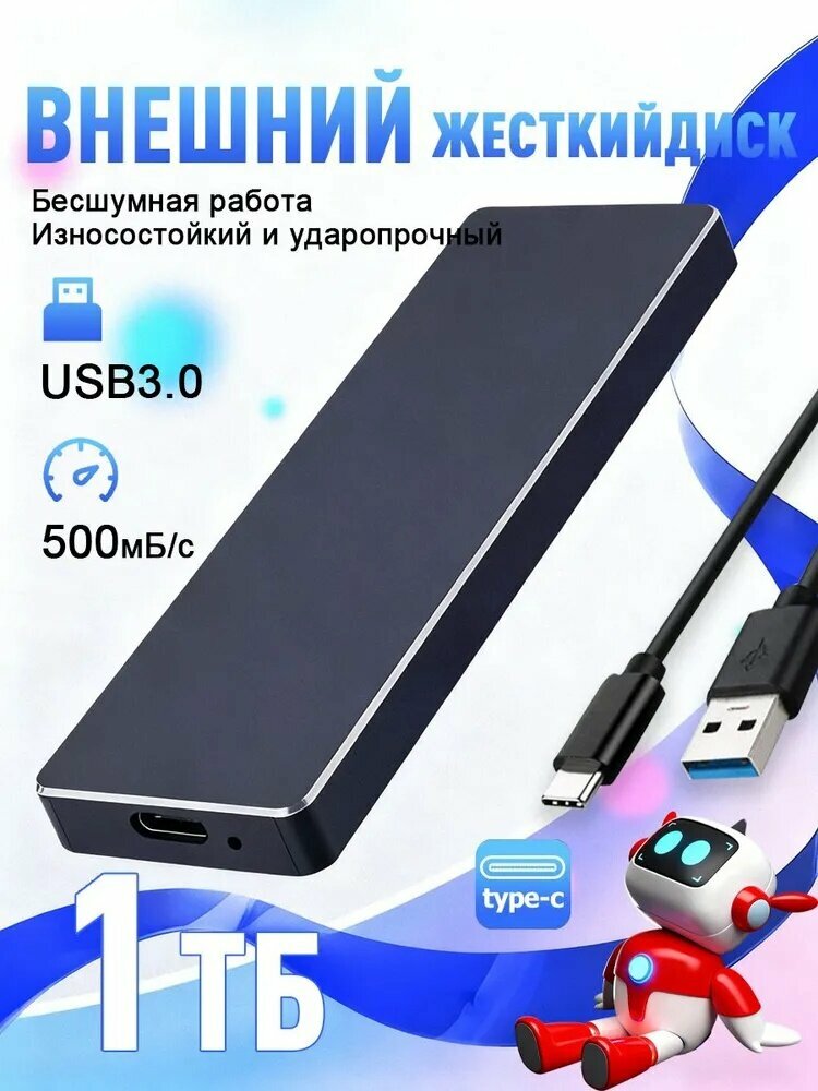 Жесткий диск, 1TB, металл, чёрный матовый, с кабелем Type-C, переходниками Mini USB и Type-C