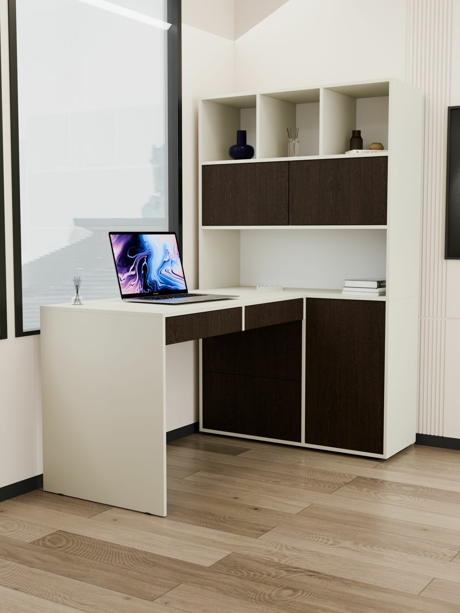 Изумлит Стол-шкаф письменный угловой для учебы и работы, шкаф справа 168х100х147.6 см, бежевый-венге