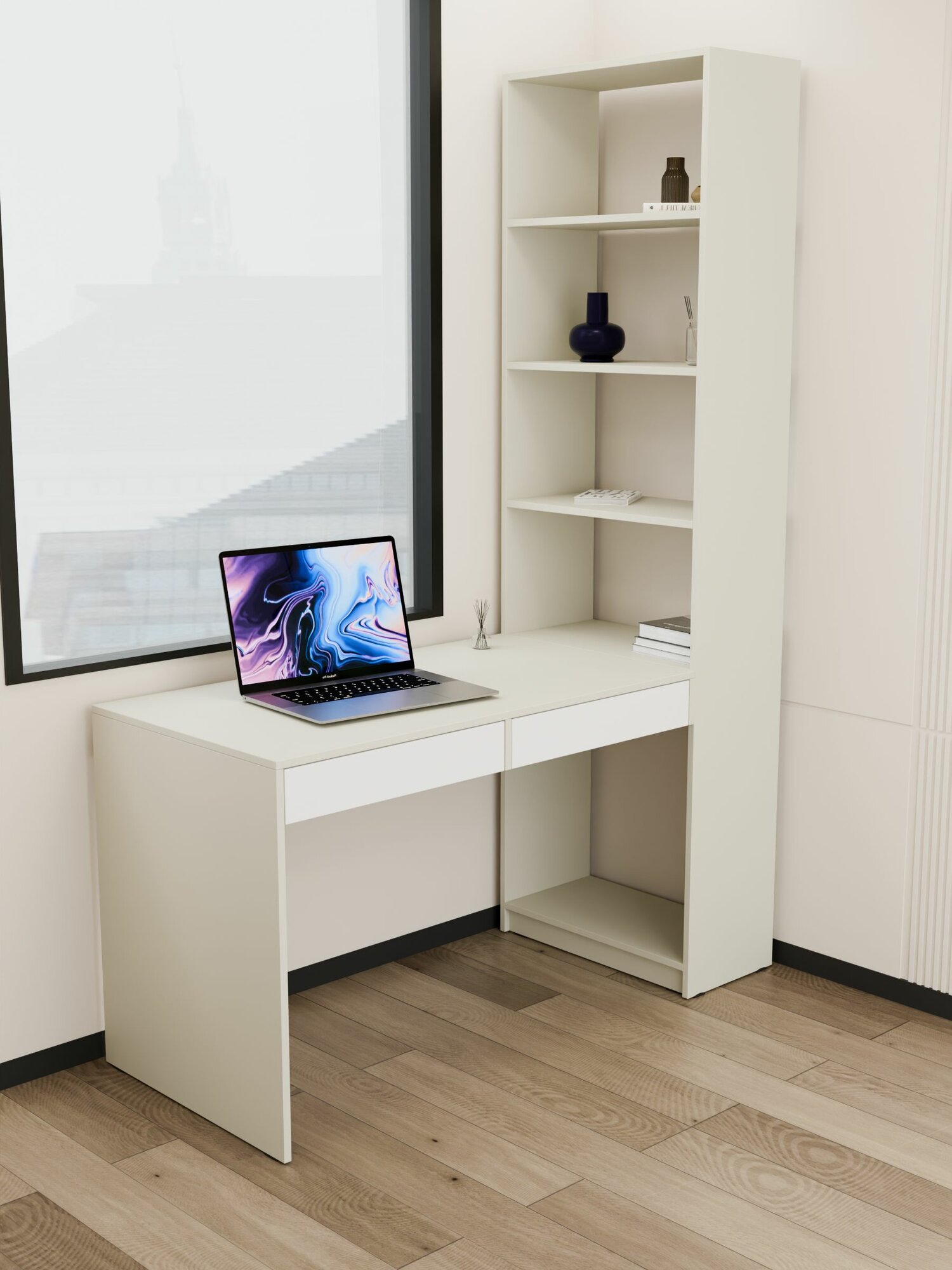 Изумлит Стол-стеллаж письменный угловой для учебы и работы Джокер, стеллаж справа 200х59.2х140 см, бежевый-белый