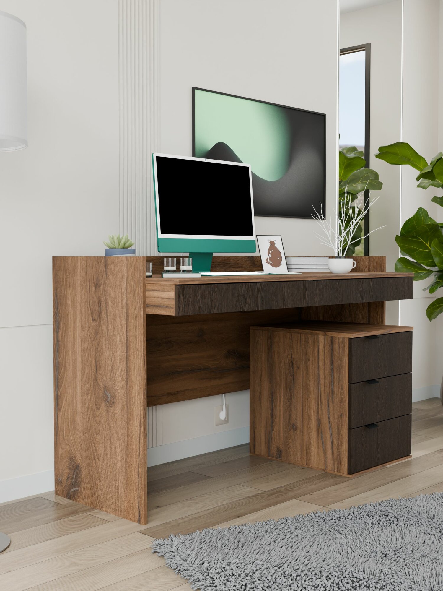 Изумлит Стол компьютерный для офиса и дома Бастион 140х87х64.5 см, корпус+столешница дуб крафт табачный/фасад венге