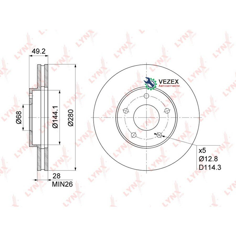 LYNXAUTO BN1108 Диск тормозной вентилируемый (280x28) | перед | Nissan Primera(P12) 1.6-2.5 02- / X-Trail(T30) 2.0-2.5 01- / Maxima(A33) 2.0-3.0 00-03 / Almera Tino 1.8-2.2D 00-