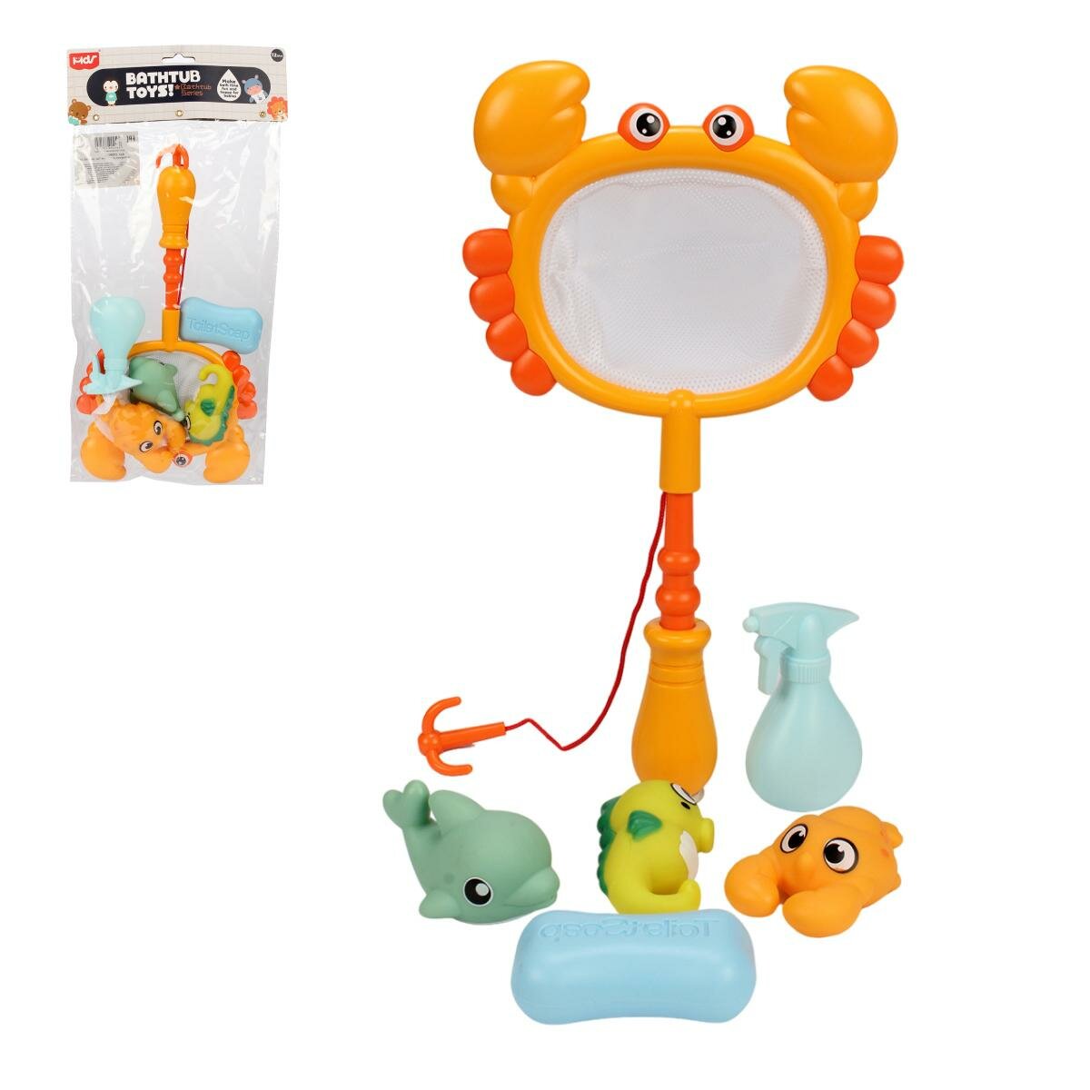 Набор для купания: 7 предметов (сачок-краб, рыбки, аксессуары), пластик, 20,5х37 см, яркие цвета