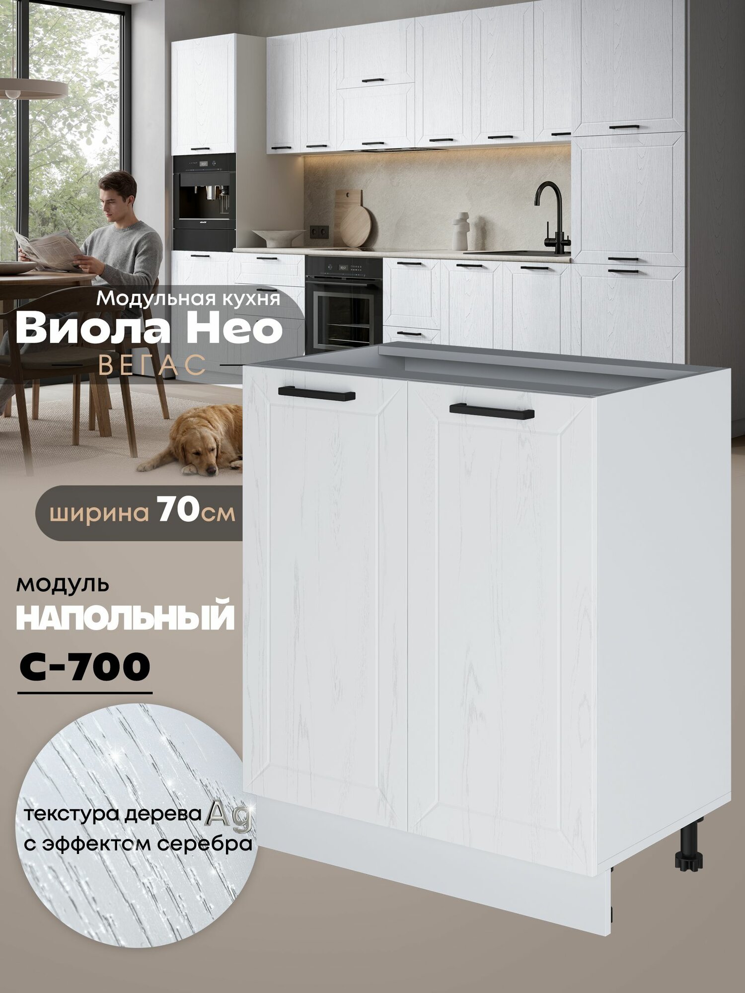 Кухонный напольный модуль с двумя створками Виола Нео Вегас С-700 (Альберо Браш серебро/Белый шагрень)