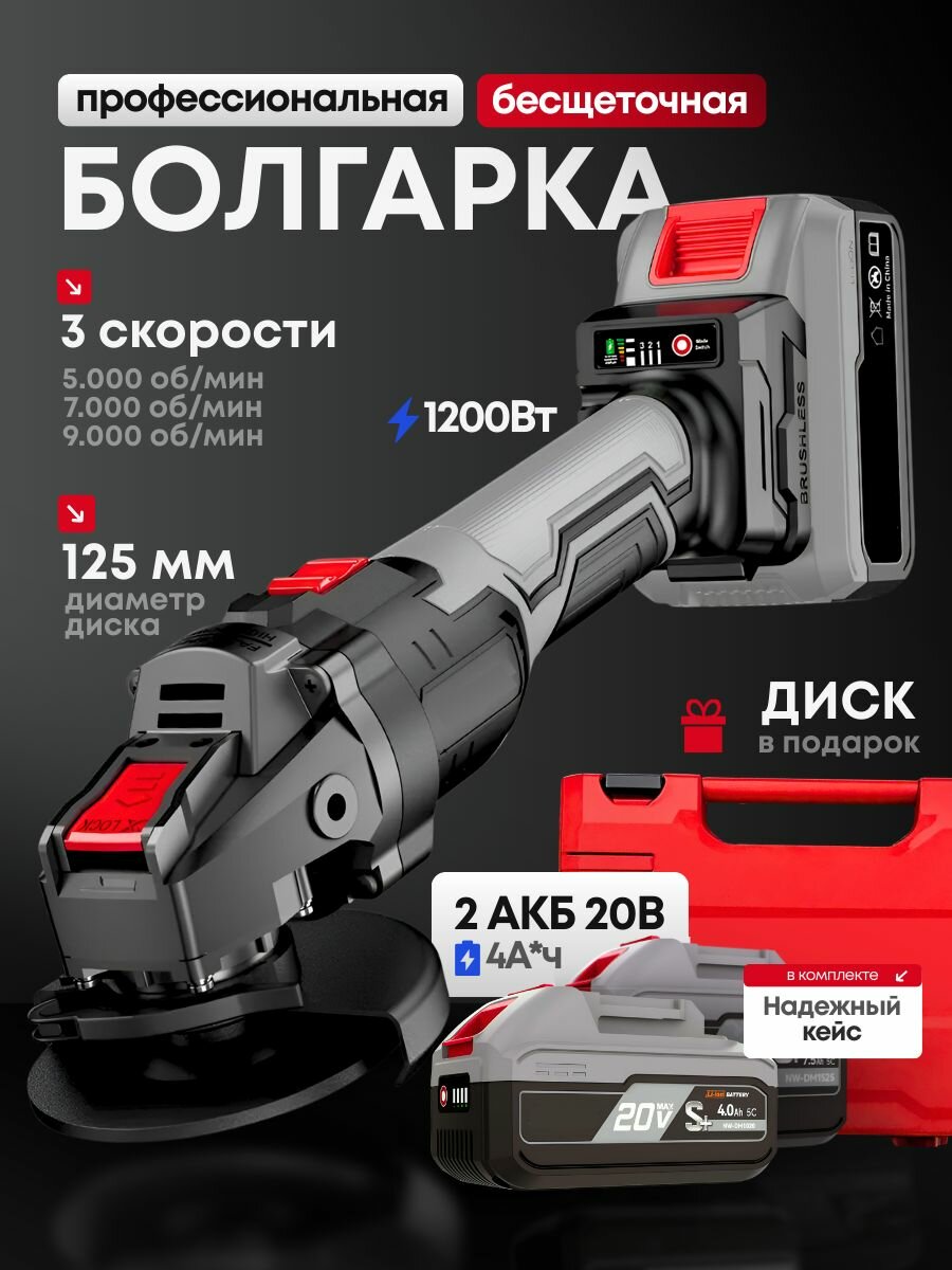 Болгарка бесщеточная аккумуляторная 125 УШМ электрическая в кейсе