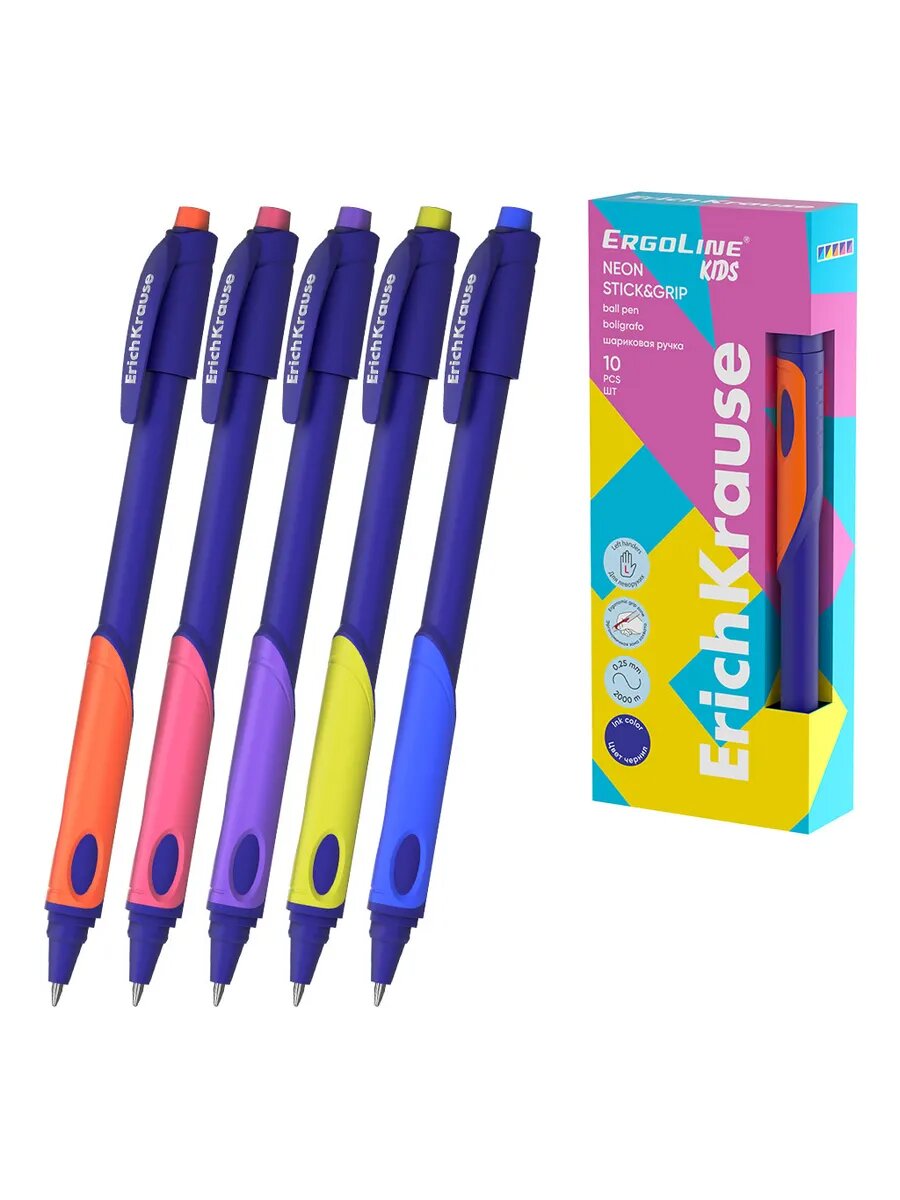 Ручка шар. ErgoLine Kids для левшей Neon 0.5, син, 10шт