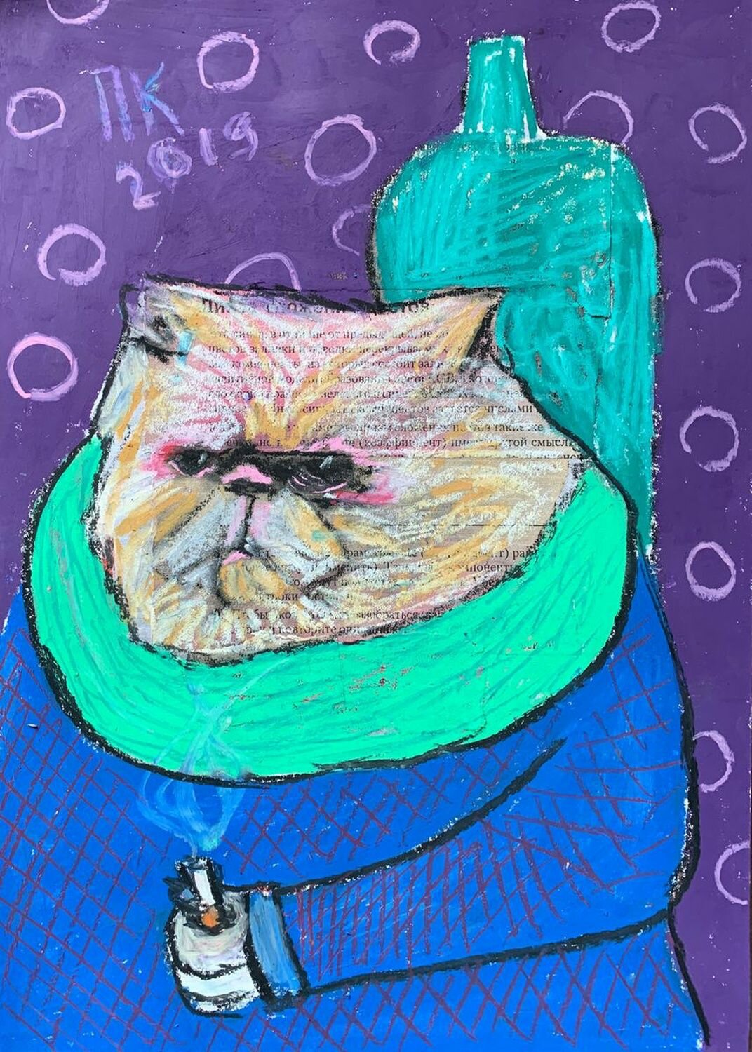 Авторский рисунок масляной пастелью на бумаге Пьющий кот 3/ Drinking cat #3 (2019). Единственный экземпляр. Художник Павел Курагин. Формат А4. 21х29,7 см