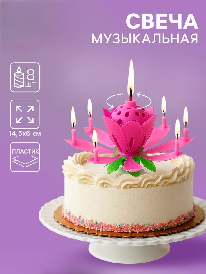 Набор свечей 2 шт, для торта музыкальная Бутон , крутящаяся, розовая, 14.5 см