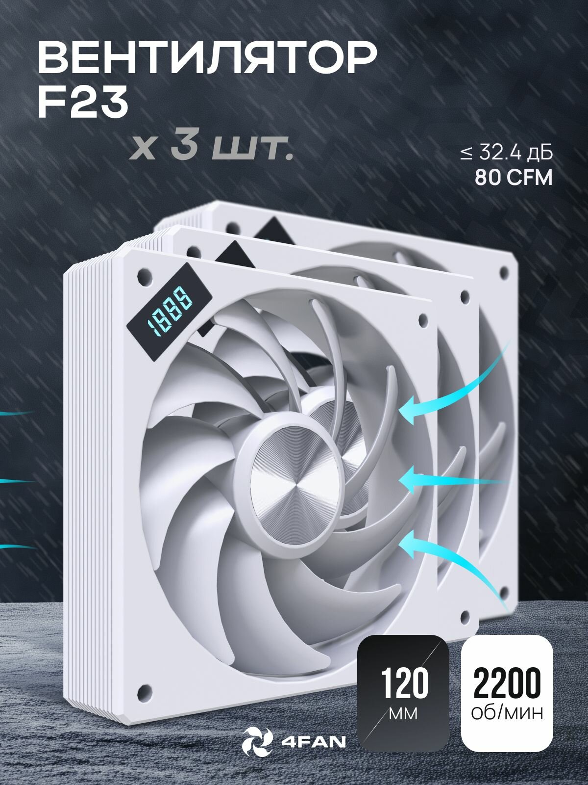 4FAN F23. Комплект 3 в 1: мощные корпусные вентиляторы 3 шт. 120 мм, белый цвет, тихие кулеры для ПК, для геймерской сборки и охлаждения