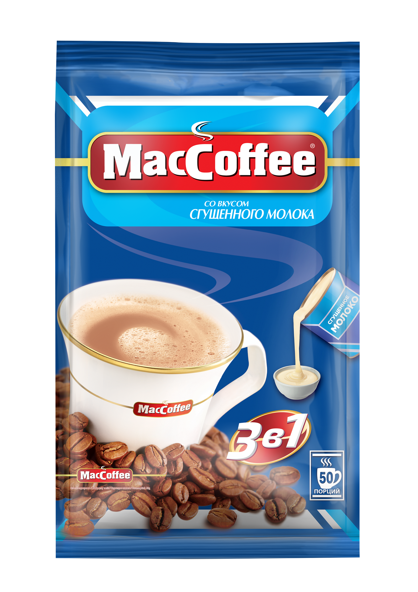Растворимый кофе MacCoffee со вкусом сгущенного молока 3 в 1, в пакетиках, 50 уп, 1000 г