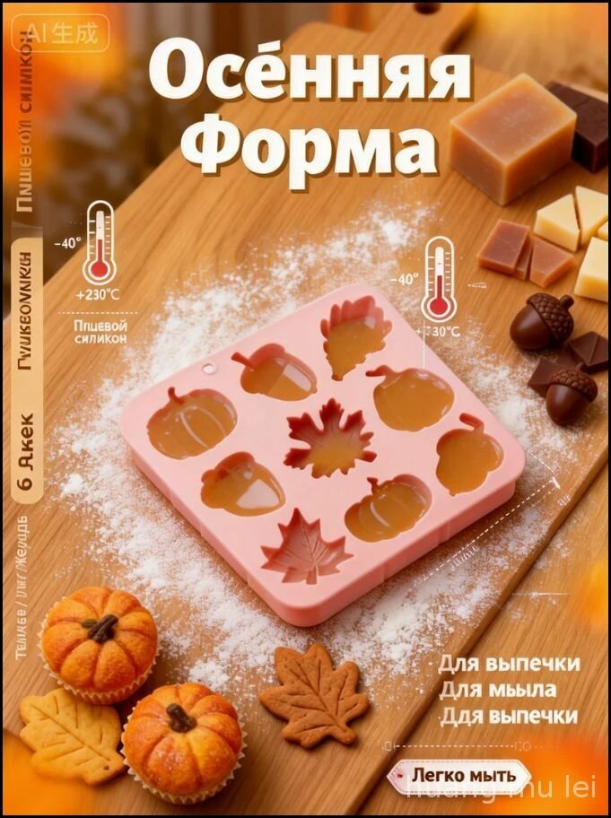 Эксклюзивный молд для кексов, мыла, свечей и шоколада с осенним декором из шести ячеек в виде тыквы, кленового листа и желудя, размер формы 17 на 17 см