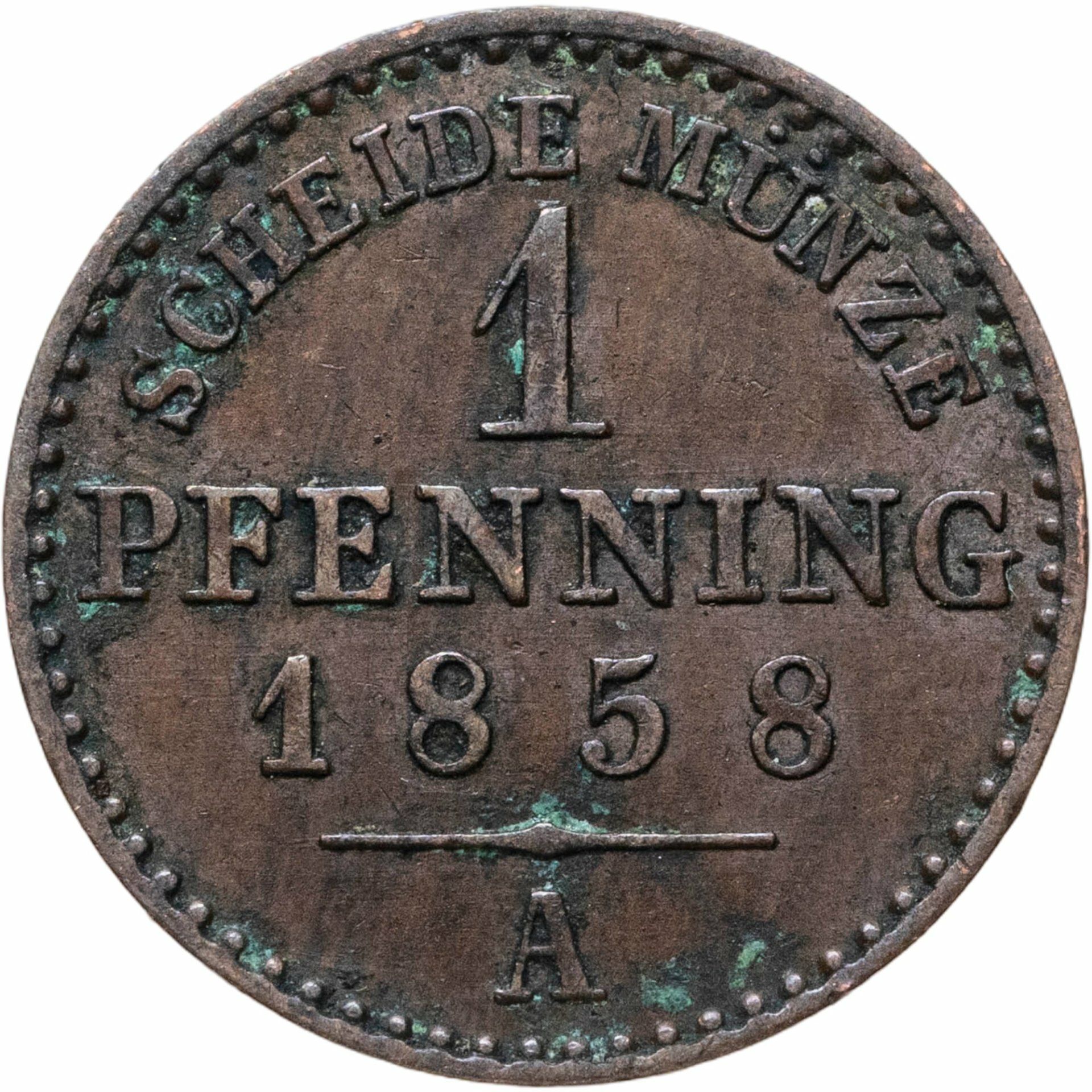Германия, Пруссия 1 пфеннинг 1858, Медь, в сохранности AU