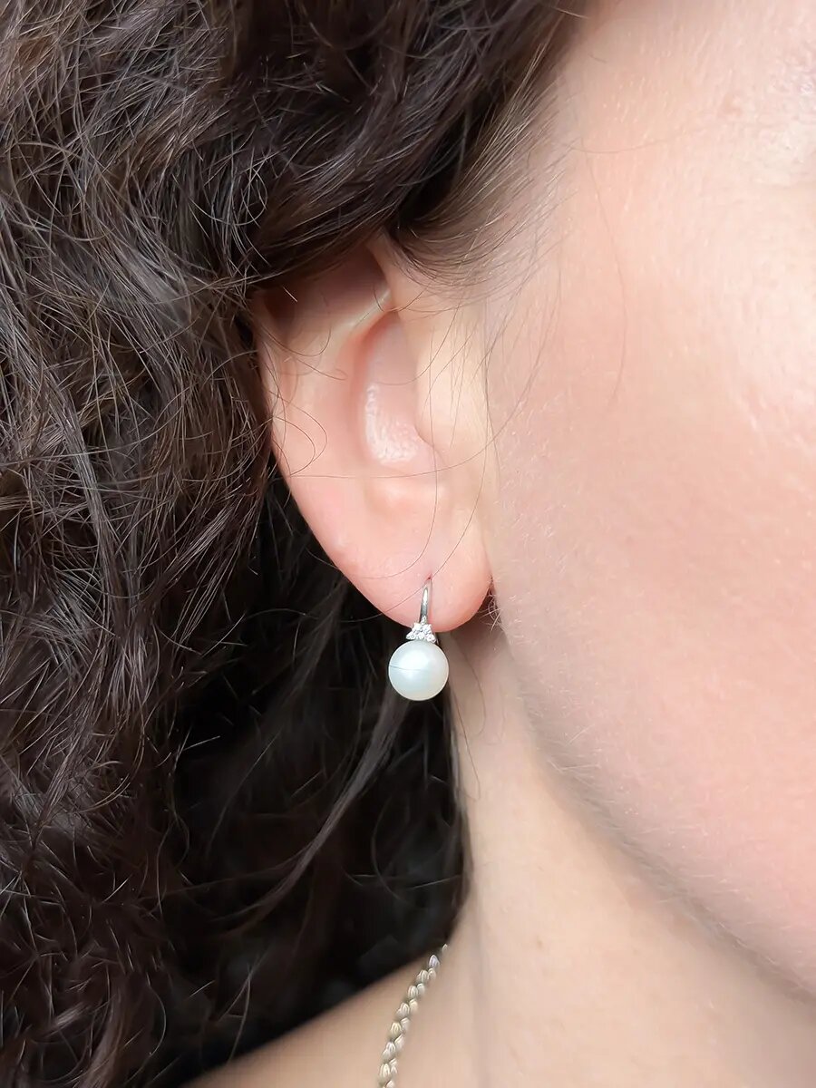 Серьги, серебро, 925 проба, родирование, фианит, жемчуг