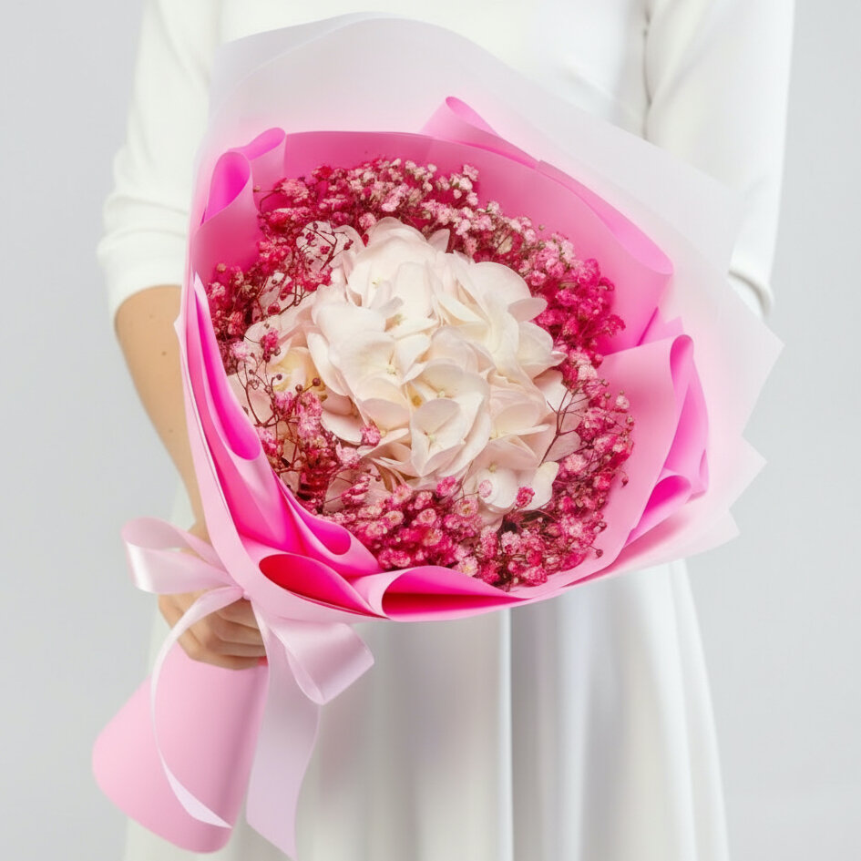 Дуо-букет Мегацвет24 "Гипсофила и Гортензия", малиновый/розовый, сборка в дизайнерской упаковке