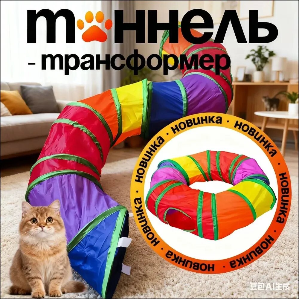 Игровой тоннель для кошек 125 см, для кошек, собак и грызунов, разноцветный, из полиэстера