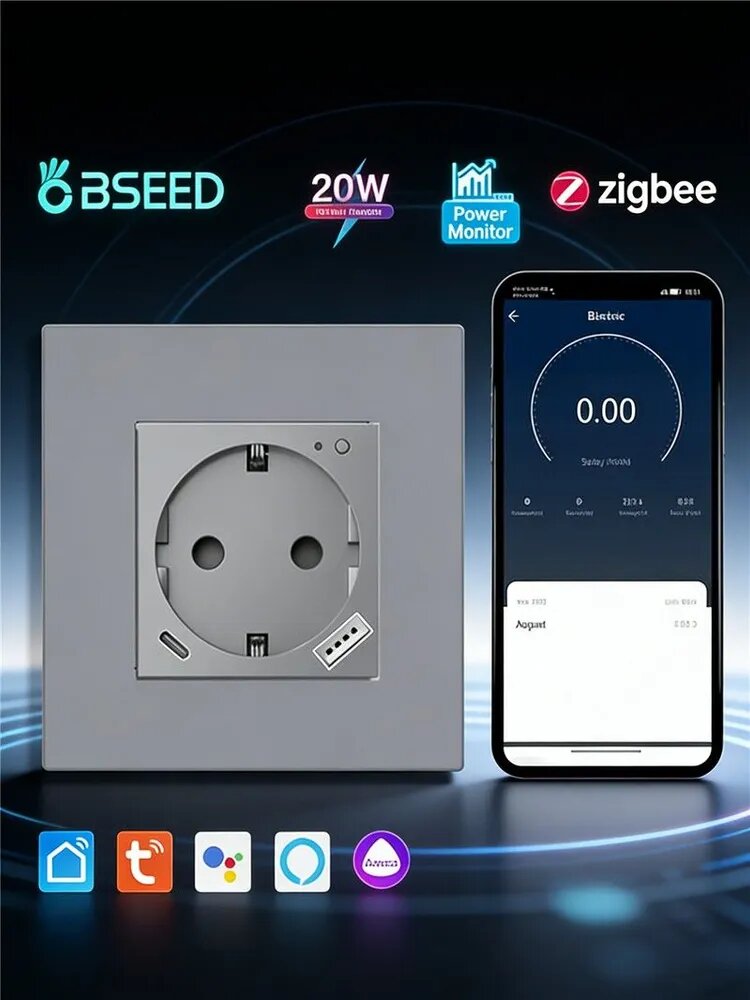 Розетка с USB и Type-C 20W быстрой зарядкой, с мониторинг потребления , Zigbee, управление с Алисой, пластиковые рамки
