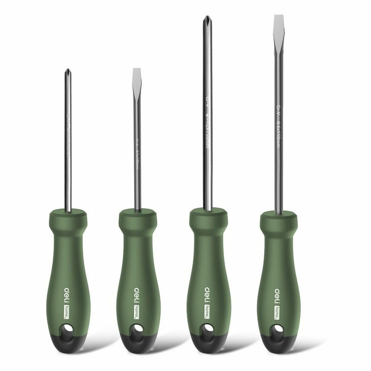 Набор отверток Deli "Home Series Green" HT1004L 4шт SL5x100+SL6x150+PH1x100+PH2x150, Cr-V, Soft Touch рукоятка, эксклюзивный дизайн, подарочная упаковка