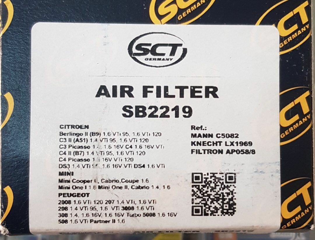 Фильтр воздушный SCT SB2219 Citroen Berlingo II, C3 II, C3 Picasso, C4, C4 II, C4 Picasso/Grand, DS3, DS4, PEUG (аналог Mann C5082; Knecht LX1969; Filtron AP058/8)
