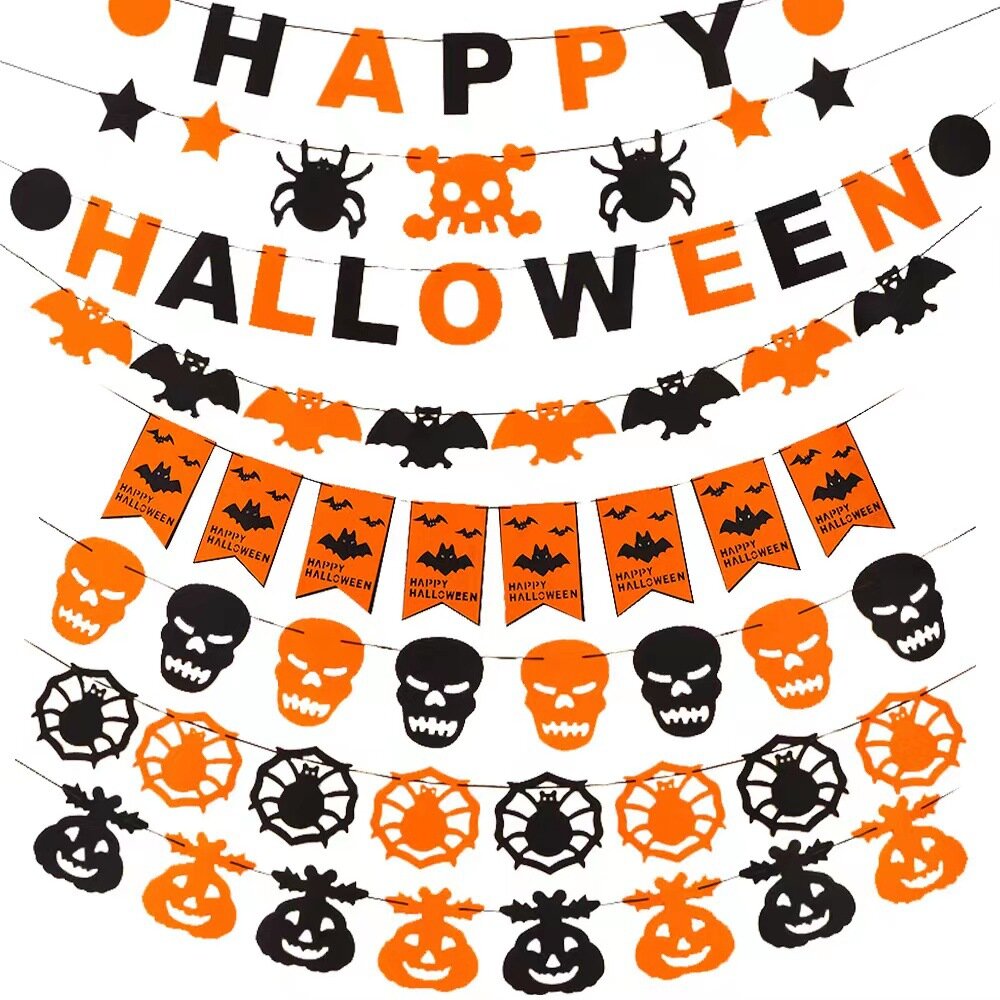 Набор из 6 флажков-гирлянд на тему Хэллоуина – включает изображения черепа, тыквы, паука и летучей мыши – идеально подходит для украшения вечеринки на Хэллоуин.