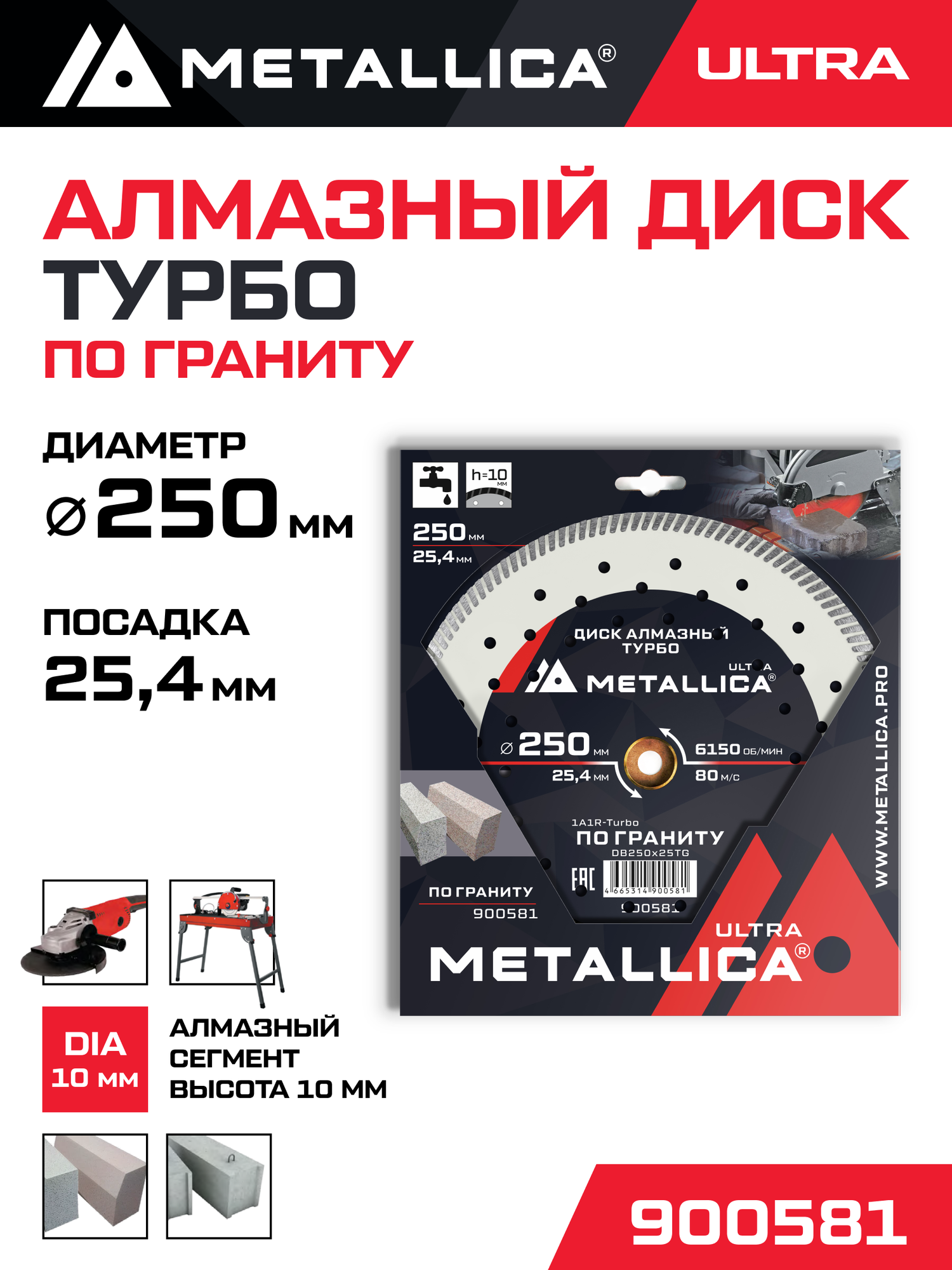 Диск алмазный турбо METALLICA Ultra 250x25,4 мм, H 10 мм граниту